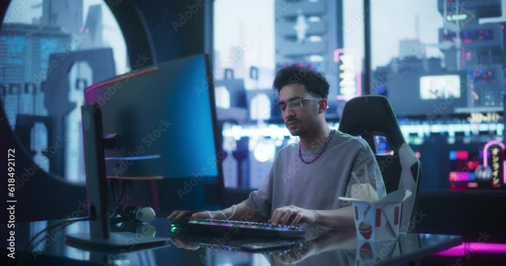 Vídeo do Stock: Handsome Influencer Working on Computer in His Stylish ...