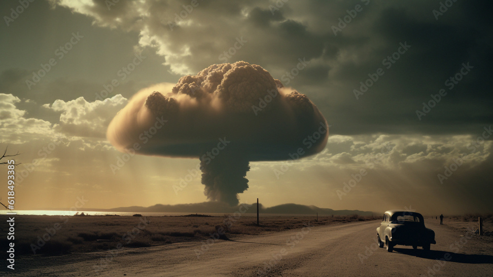 Attack, apocalypse and nuclear explosion of bomb in countryside for ...