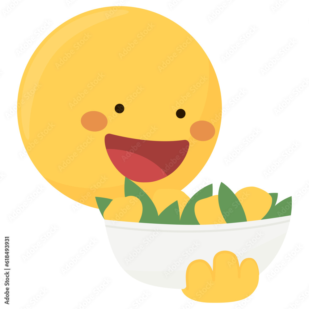 Happy emoji face icon with a delicious salad dish in his hand. Yellow ...