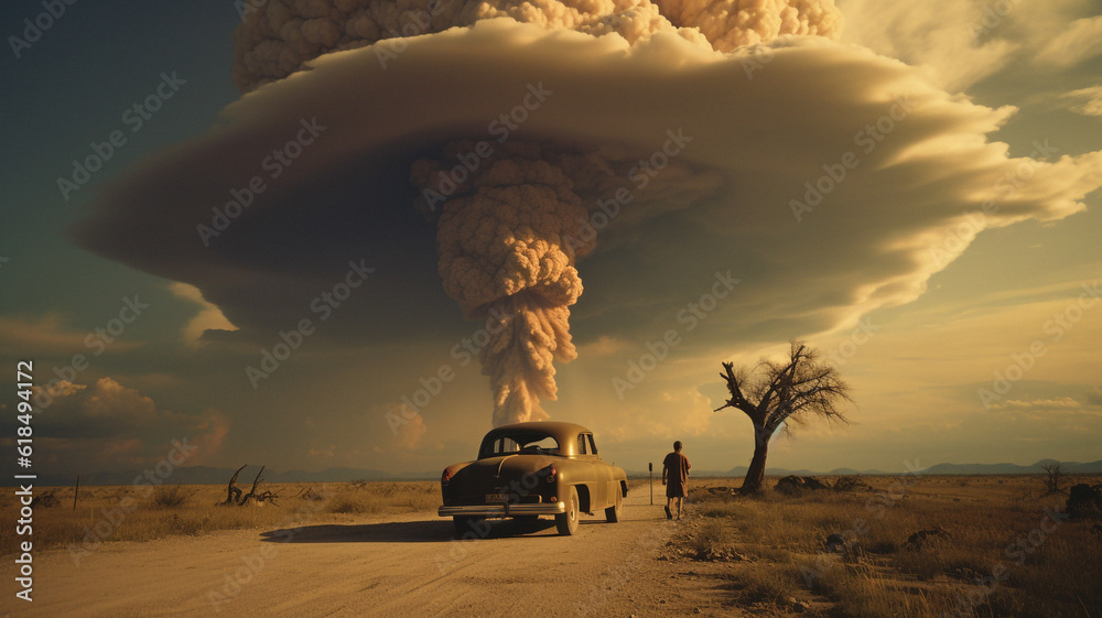 Crisis, apocalypse and nuclear explosion of bomb in countryside for ...