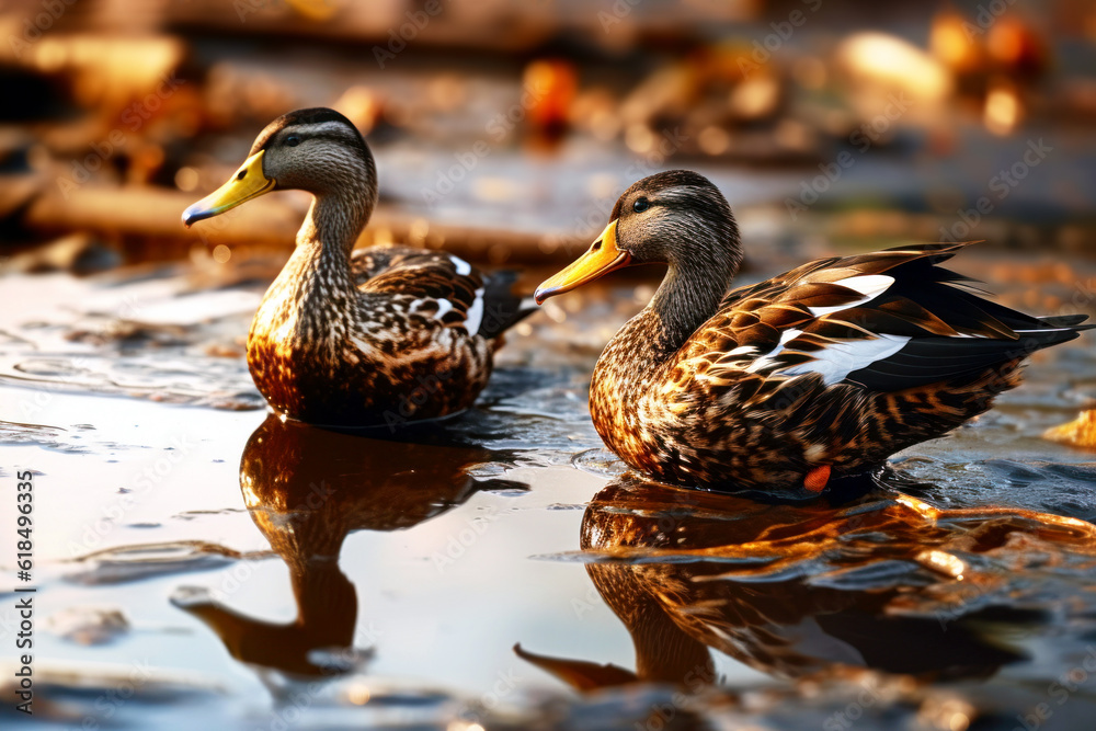 Ducks with feathers covered in oil in water polluted with waste and ...
