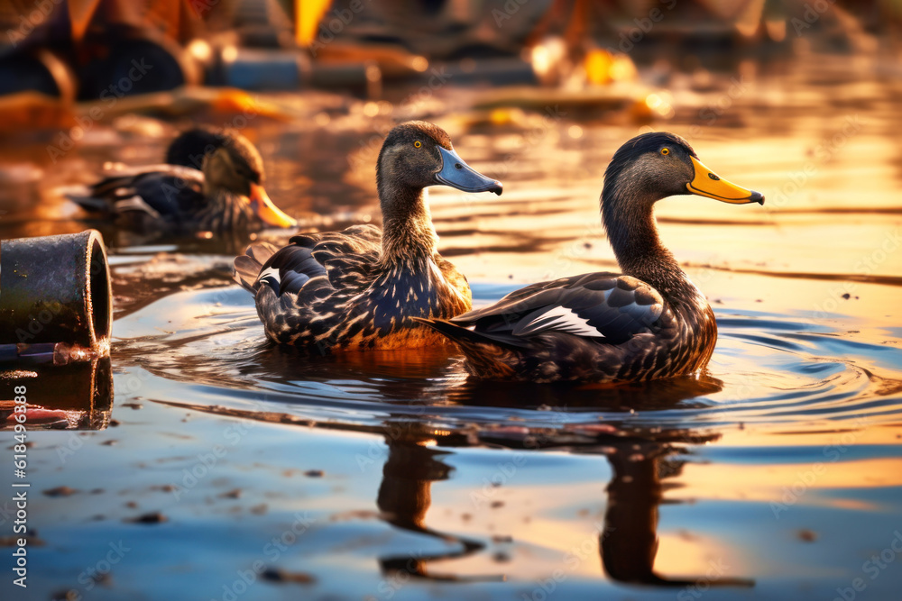 Ducks with feathers covered in oil in water polluted with waste and ...