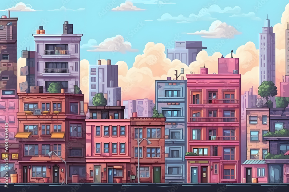 Building city retro style computer game background Pixel art 8 bit ...