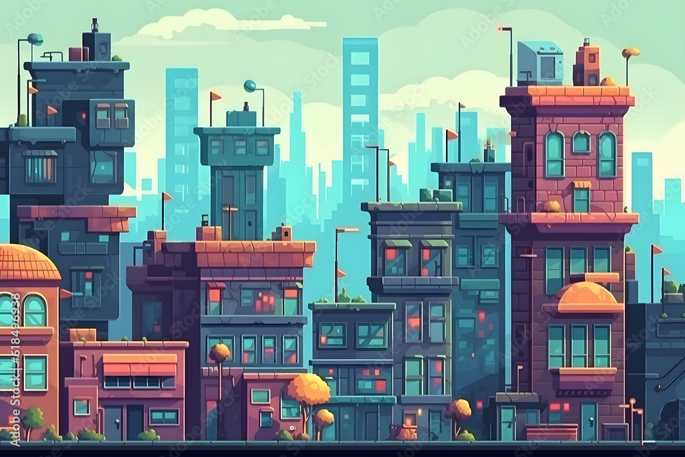 Building city retro style computer game background Pixel art 8 bit ...
