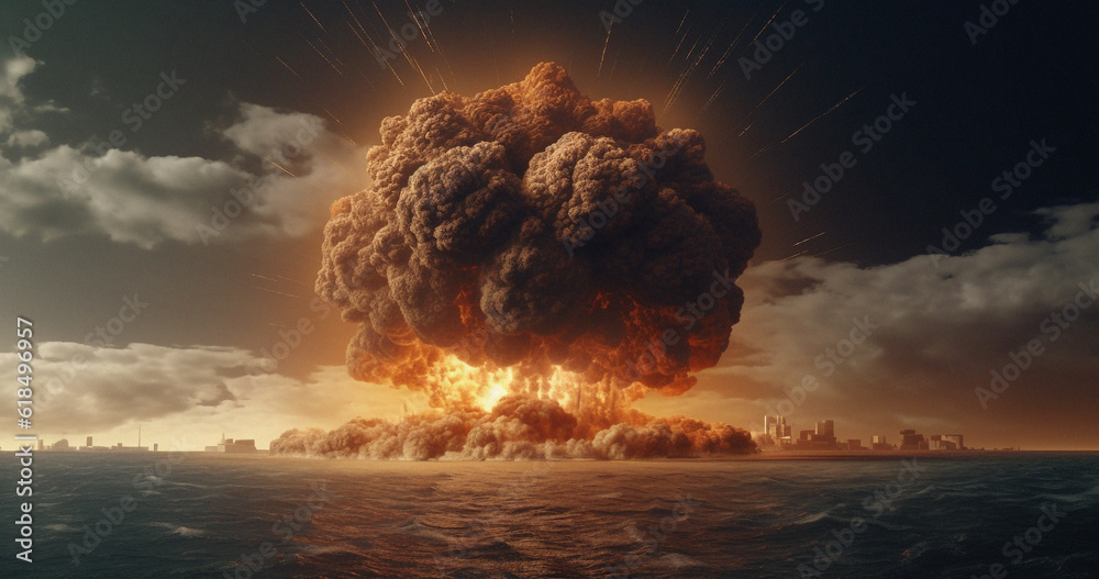 Smoke, apocalypse and nuclear explosion of bomb in city for battle ...