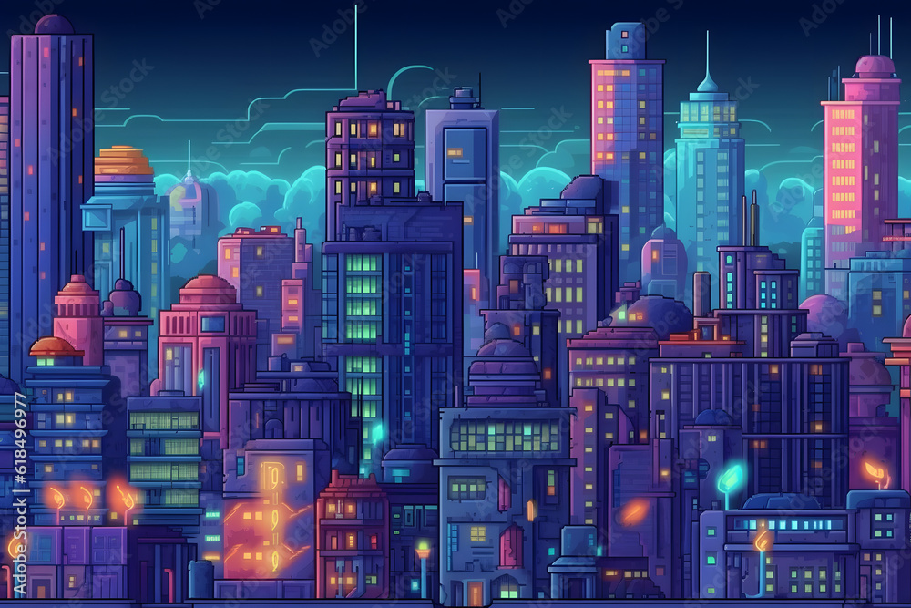 Building city retro style computer game background Pixel art 8 bit ...