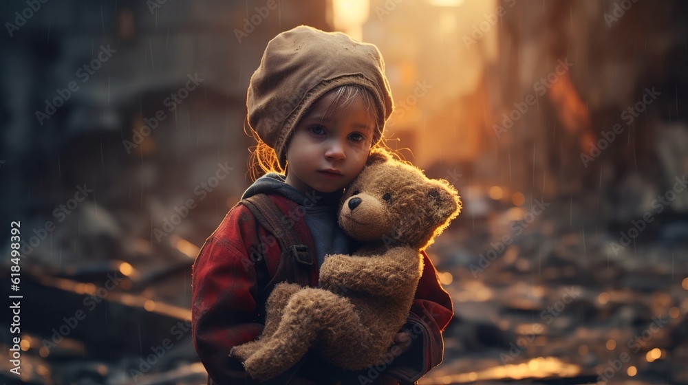 A terrified little child clutching a teddy bear while running away of ...
