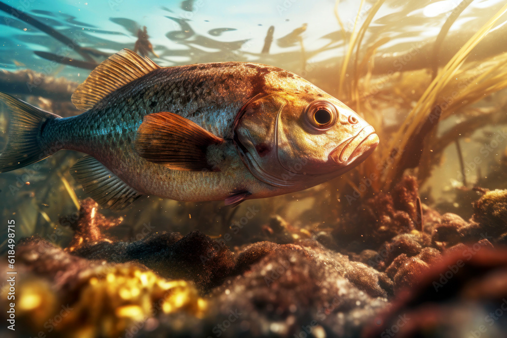 Fish in polluted water suffering from oil spills, debris and plastic ...