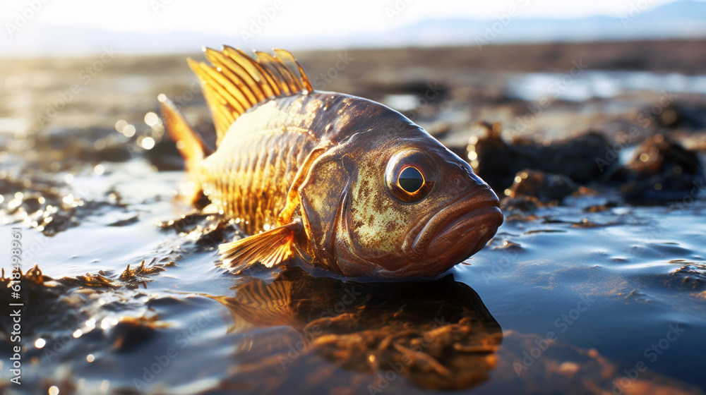 Fish with damage from contact with oil spills. Dead, infected and unfit ...