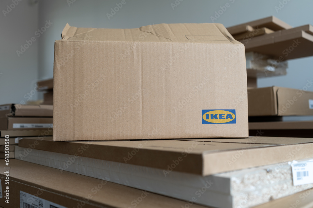 IKEA store logo on cardboard box, delivery package. DIY do it yourself ...