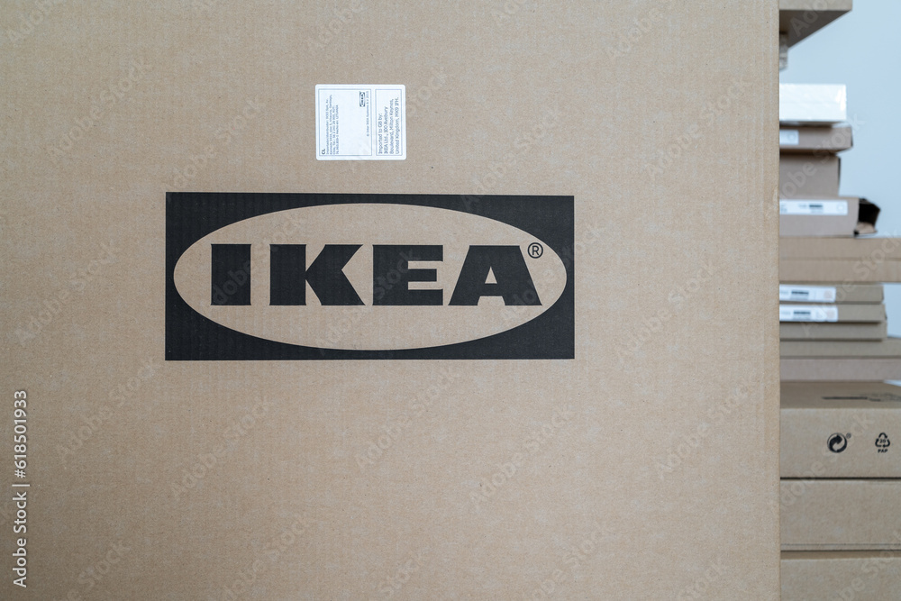 IKEA store logo on cardboard box, delivery package. DIY do it yourself ...