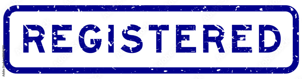 Grunge blue registered word square rubber seal stamp on white ...