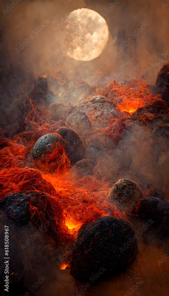 Crystal moon on fire floating in lava smokey volcanic fire ultra ...