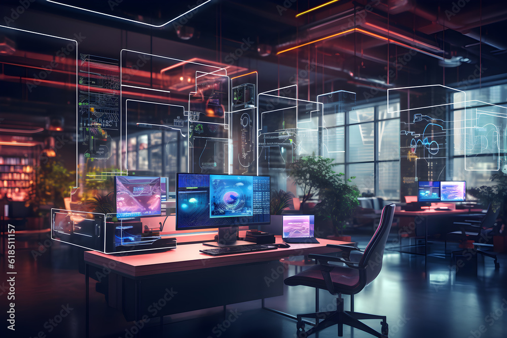 Modern neon cyberpunk open space office interior blurred with information technology overlay ...