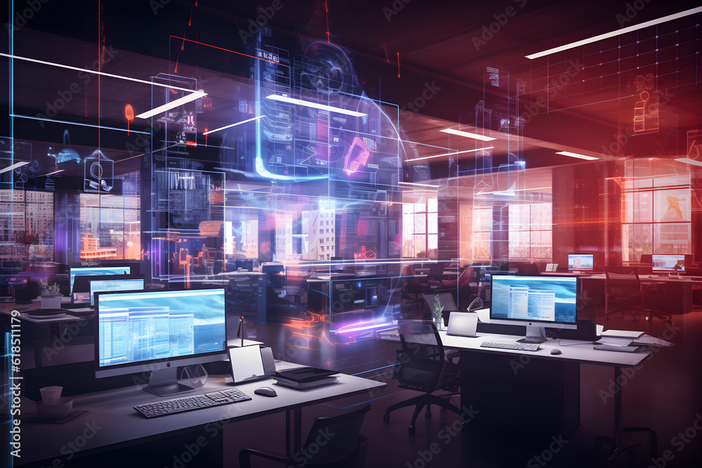 Modern neon cyberpunk open space office interior blurred with ...