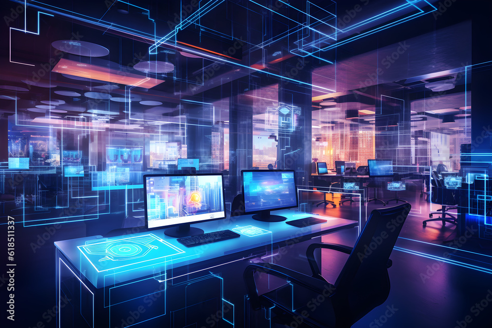 Modern neon cyberpunk open space office interior blurred with ...