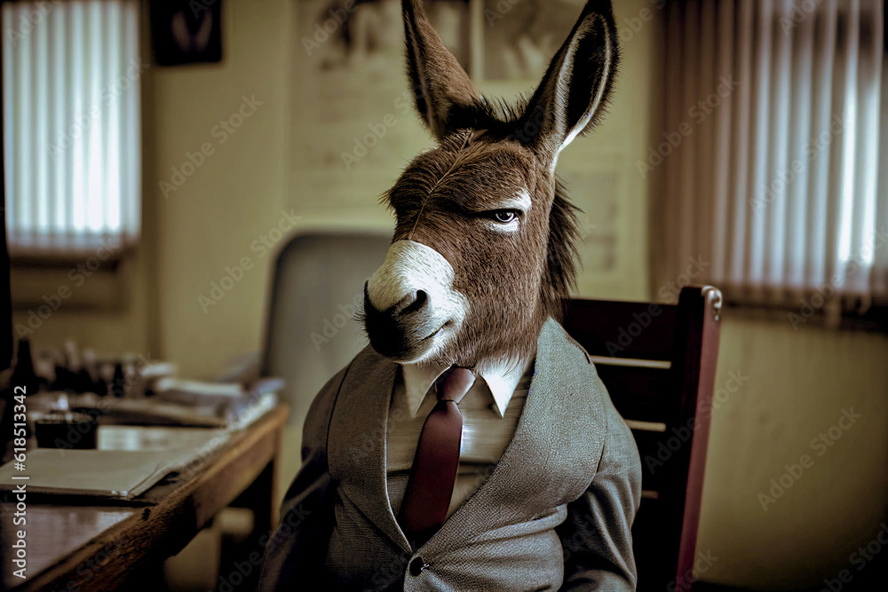 donkey animal posing in business suit in the office. Generative ai ...