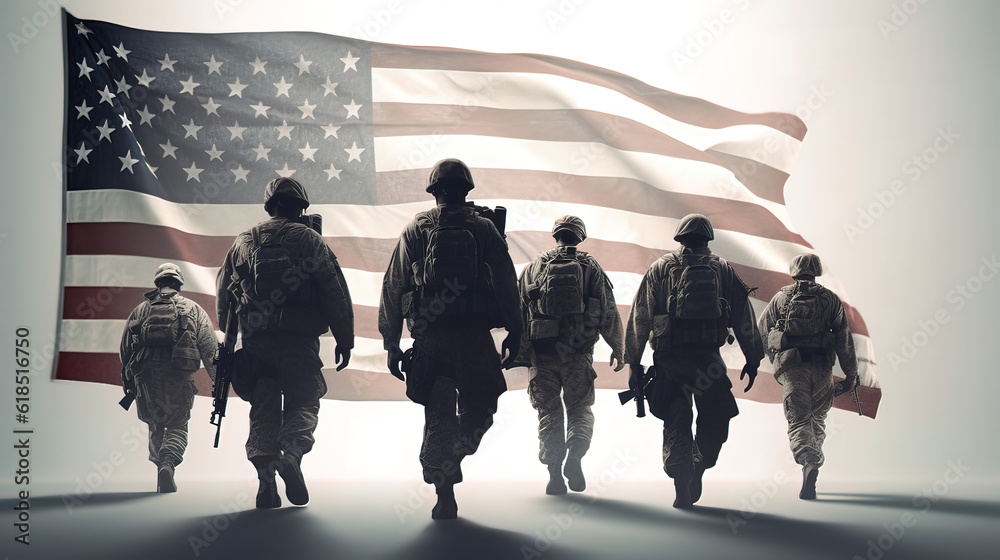 American Flag concept art with soldiers, matte, white background ...