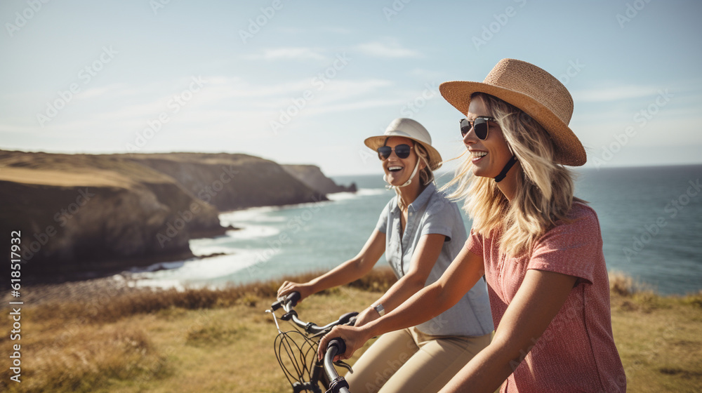 Friends enjoying a bike ride along a scenic coastal path, relishing the ...