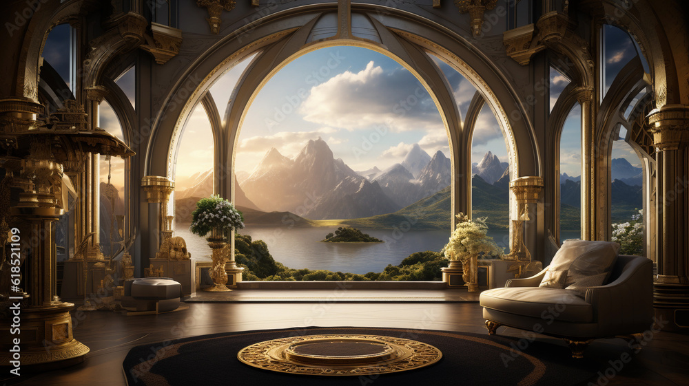 Space castle view from the inside, a very large living room with ...