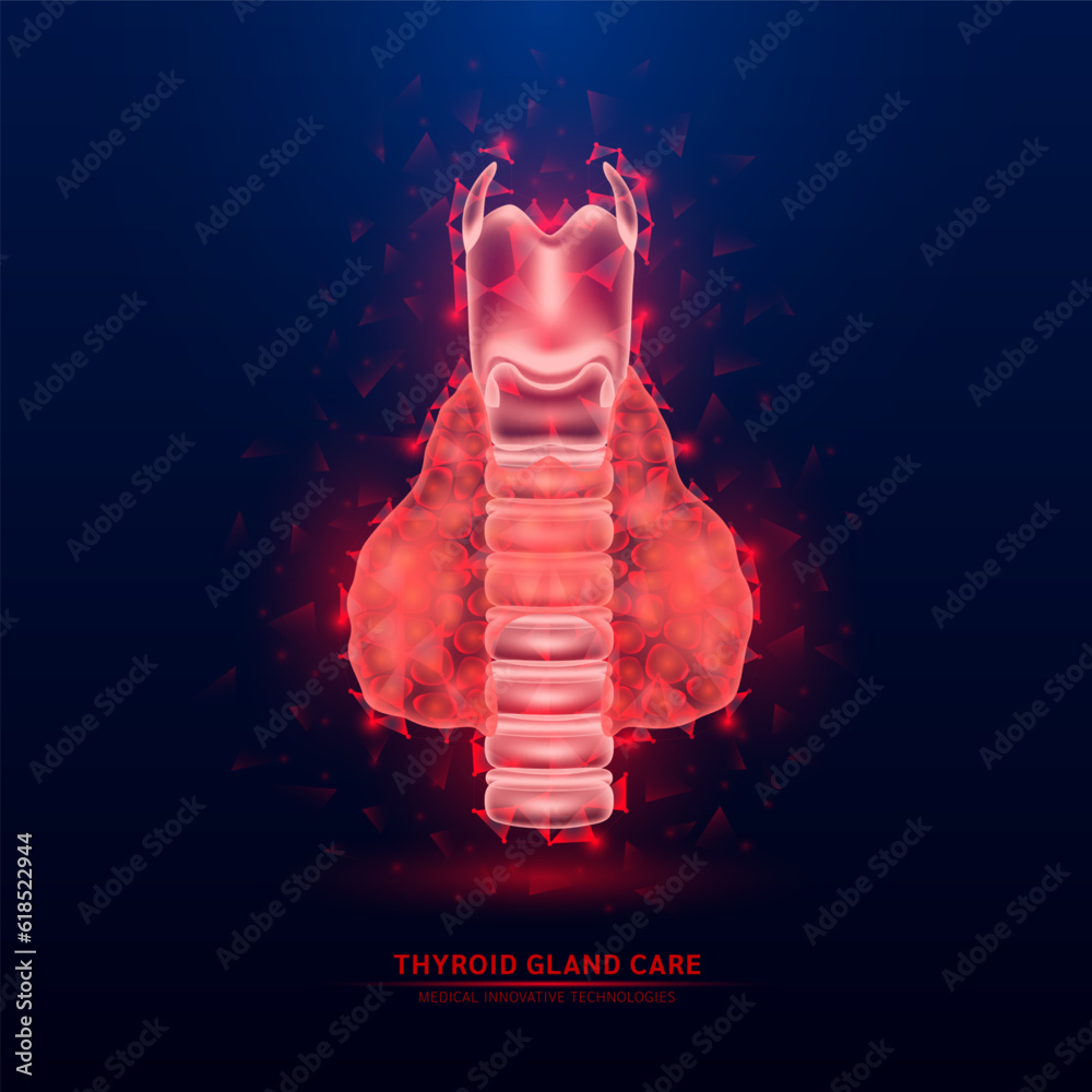 Human thyroid gland and trachea red translucent low poly triangles on ...
