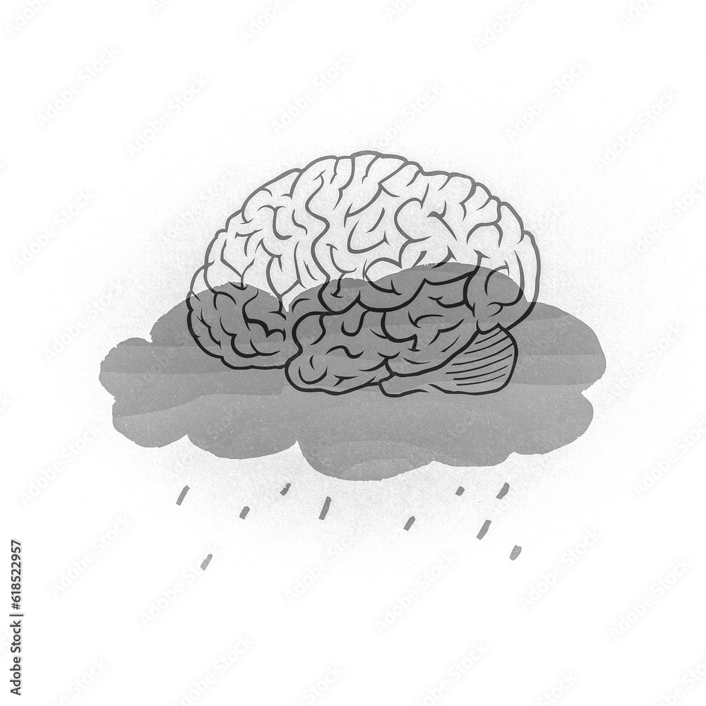 Fatigue symptom of depression. Cerebrum with rain cloud illustration ...