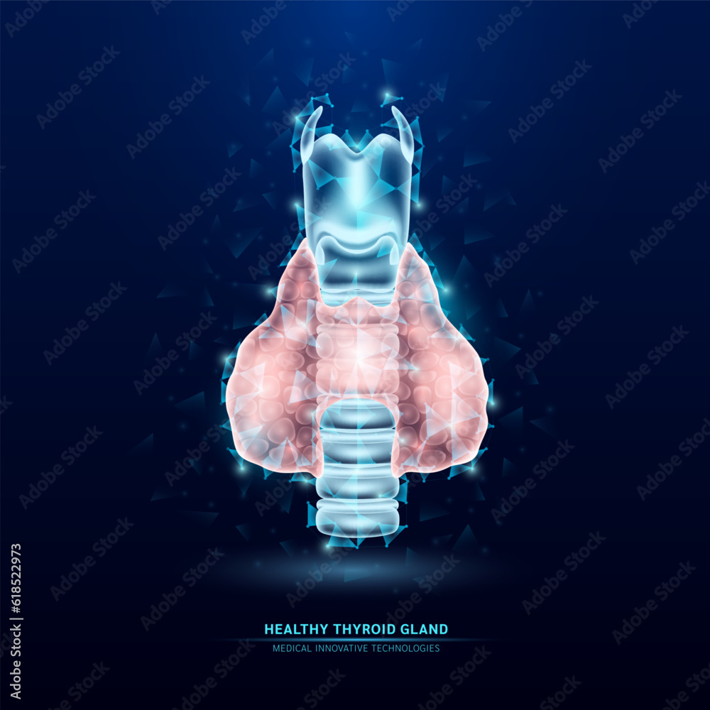 Human thyroid gland and trachea white translucent low poly triangles on ...