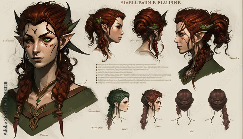 Wood Elf Female Character Sheet: Multiple Hair Colors and Poses Stock ...