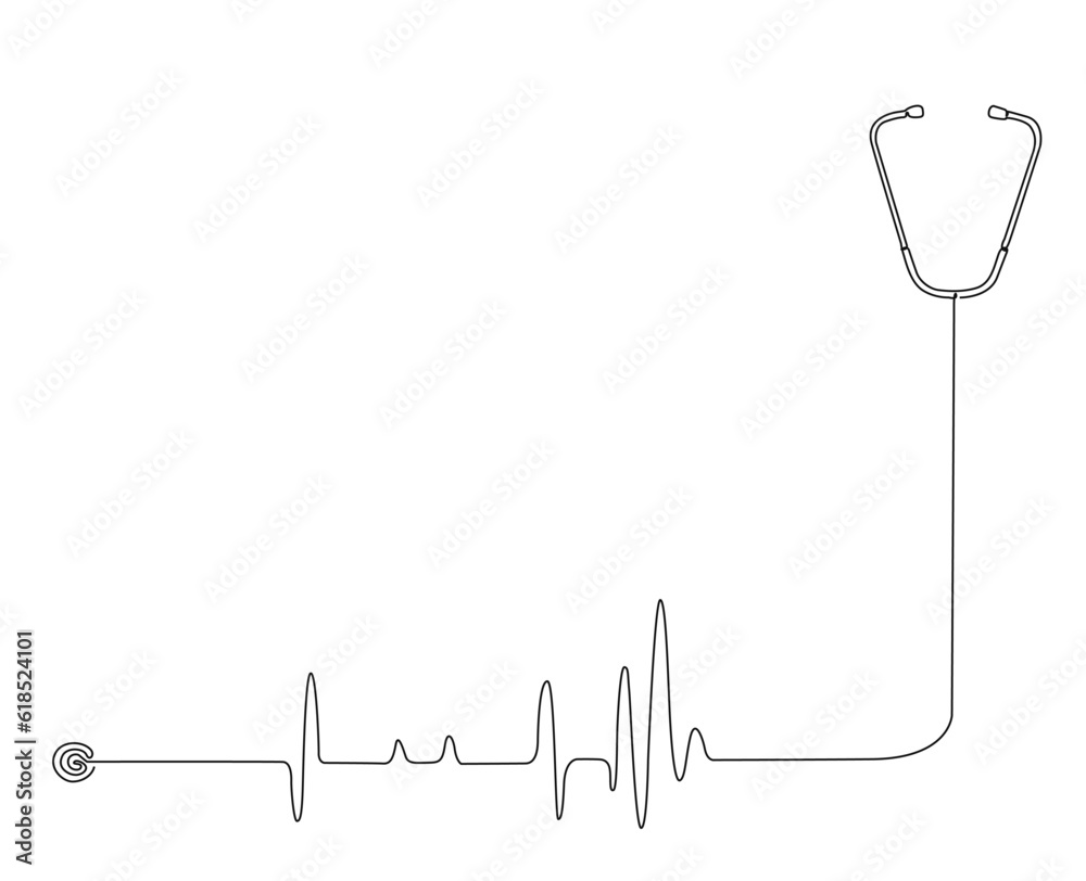 Vetor de Continuous line art drawing of stethoscope with heart beat ...