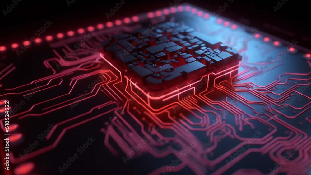 Closeup, red and circuit board hacking in engineering theft, cyber ...