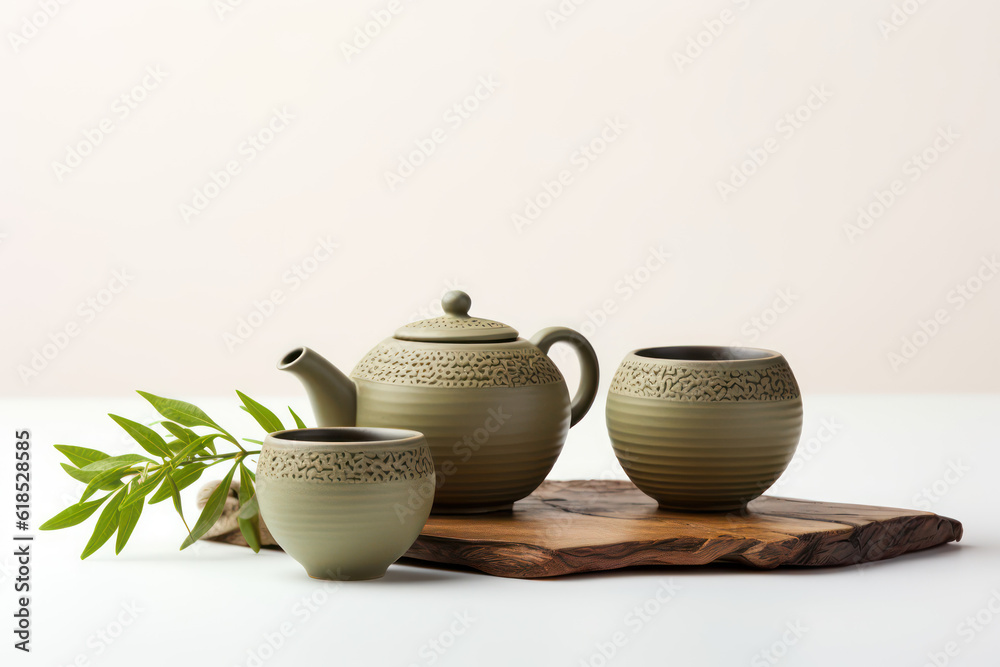 Asian tea utensils for the traditional tea ceremony. Green tea leaves ...