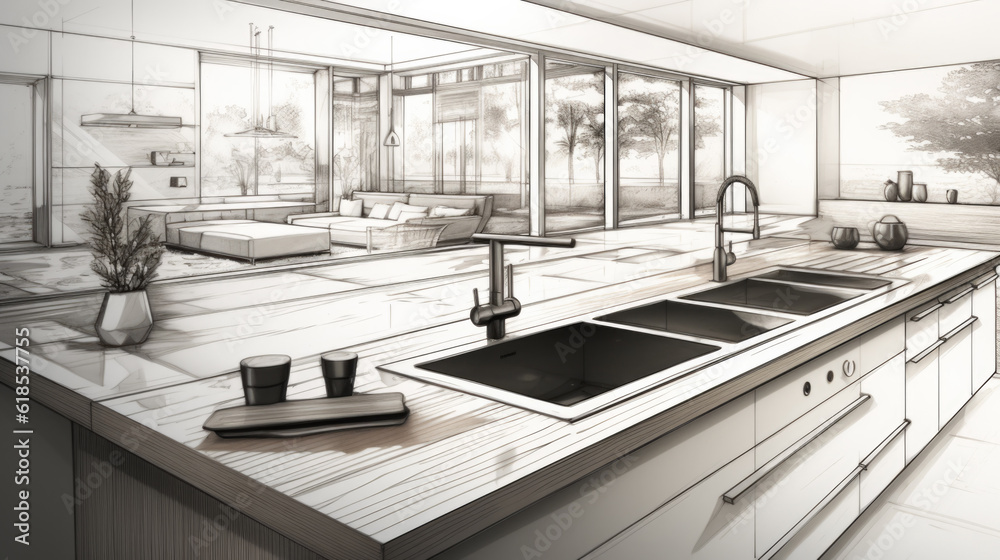 modern luxury kitchen concept. technical drawing by an architect or ...