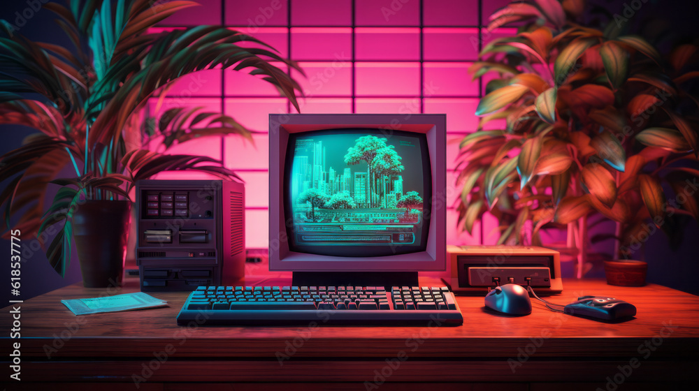 Vintage computer with CRT monitor from 80s or 90s and neon colors ...