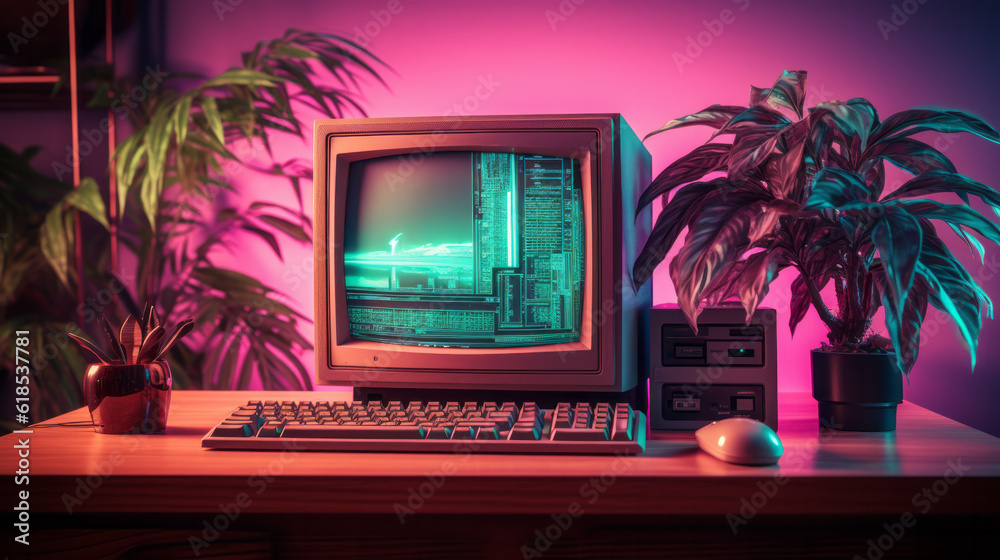 Vintage computer with CRT monitor from 80s or 90s and neon colors ...
