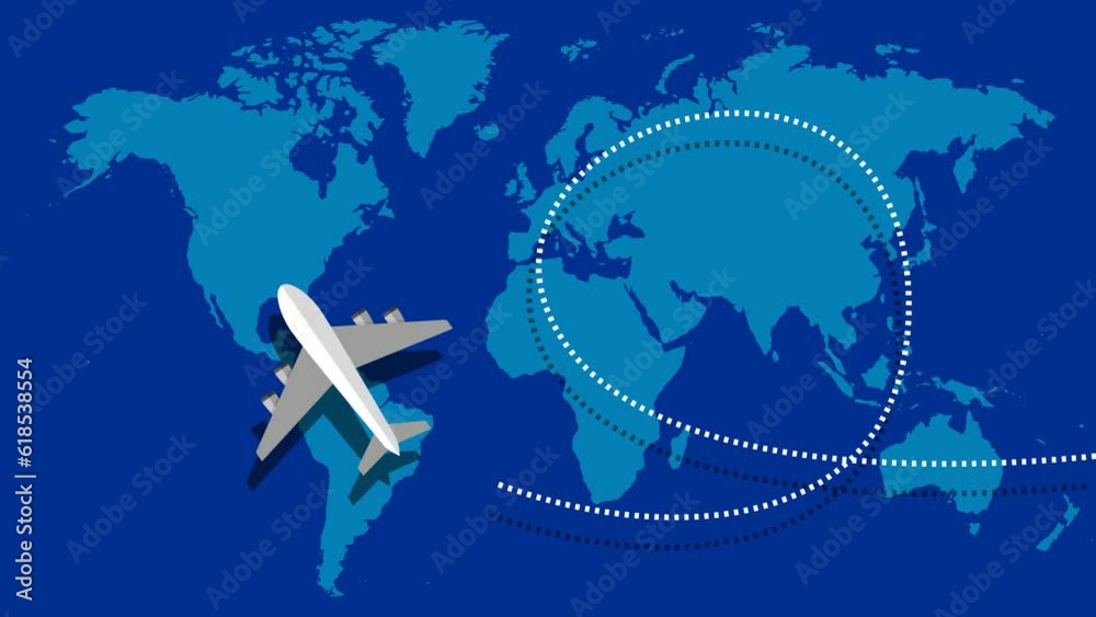 4K Animation footage of plane flying on the world's map leaving a trail ...