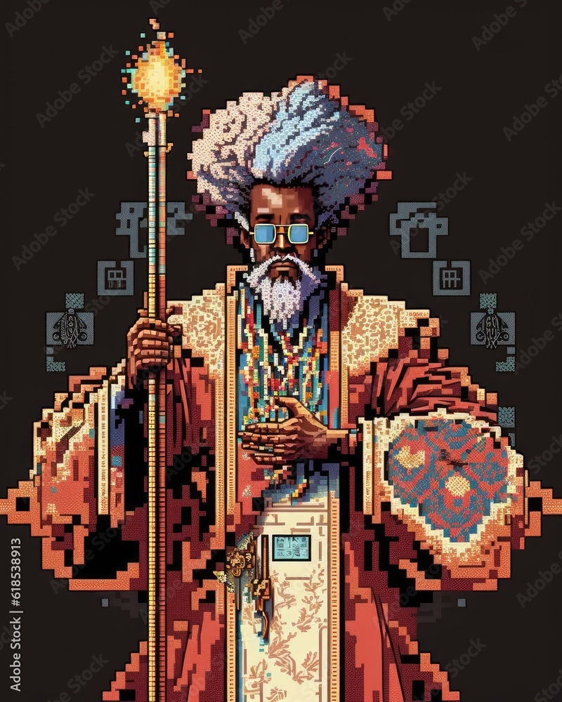 Enchanting Afro-Punk Wizard with Pixel Art Magic Staff Stock ...
