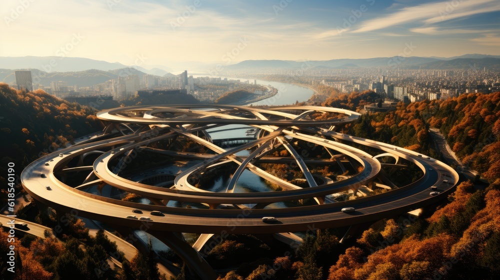 Aerial view of highway junctions, Bridge roads shape number 8 or ...