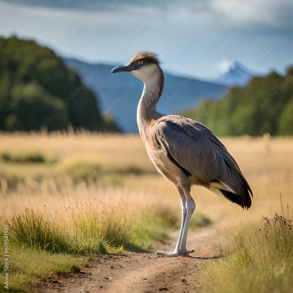 A magnificent Greater Rhea bird standing tall on the grassy terrain. It ...