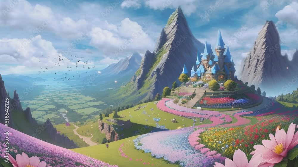 Beautiful spring nature landscape and fantasy kingdom animation virtual ...