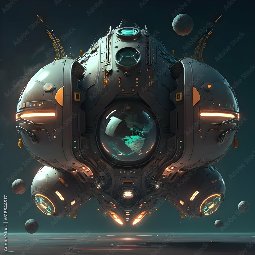 futuristic spaceship with smaller orbs on the back left and the back ...