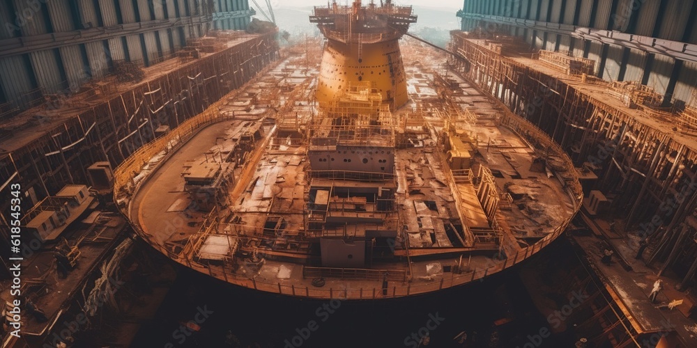 Top view of a busy shipbuilding hangar, skeletal frames of massive ...