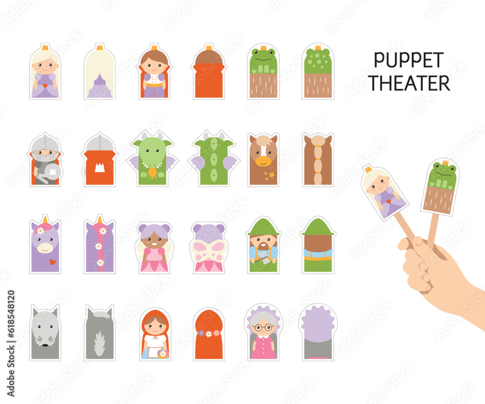 Set of paper puppet show theatre characters. Flat style illustration ...
