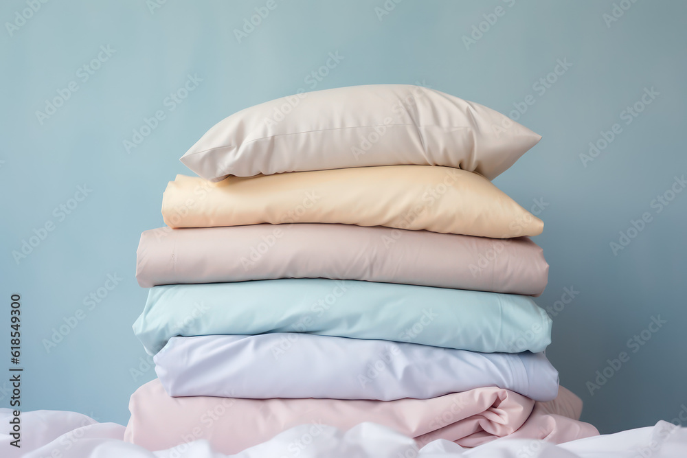 Stack of fresh, clean linens in a pastel palette of colors. Textile ...
