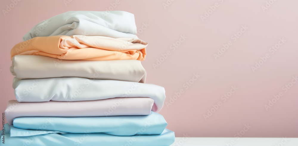 Stack of fresh, clean linens in a pastel palette of colors. Textile ...