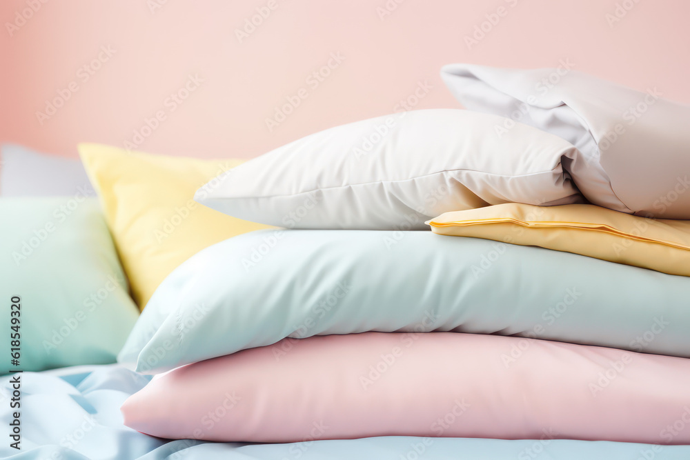 Stack of fresh, clean linens in a pastel palette of colors. Textile ...