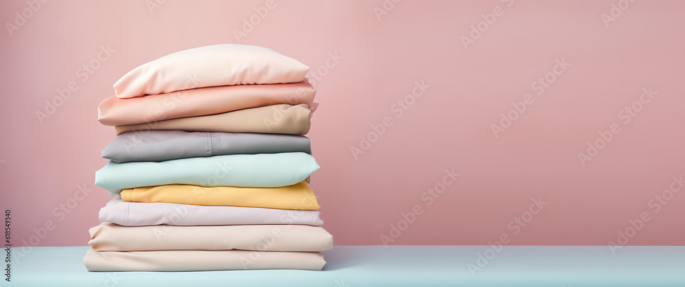 Stack of fresh, clean linens in a pastel palette of colors. Textile ...