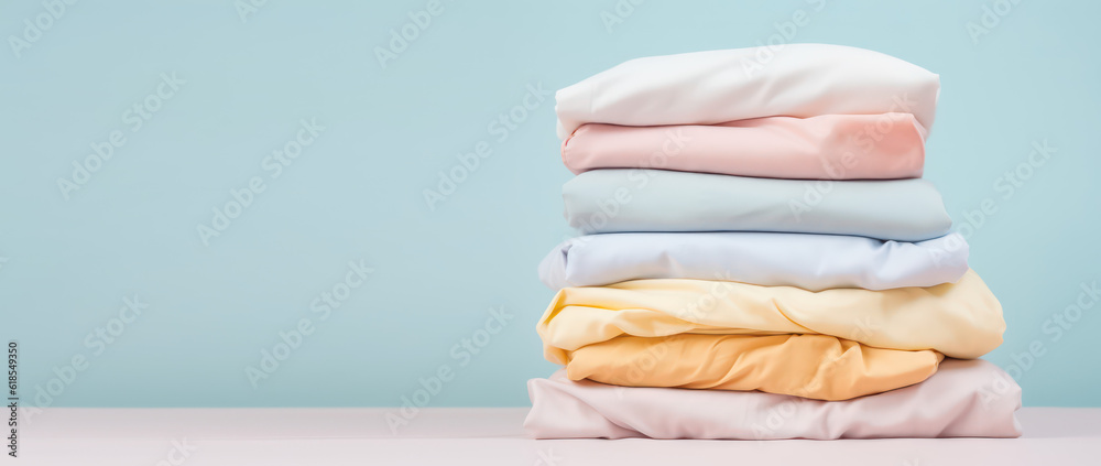 Stack of fresh, clean linens in a pastel palette of colors. Textile ...