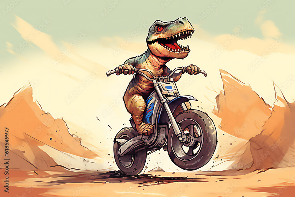 Cartoon dinosaur t-rex on motorbike. Post processed AI. Stock ...
