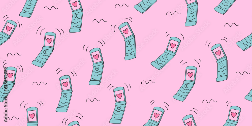 Seamless pattern with retro flip phone that vibrates. 2000s style ...