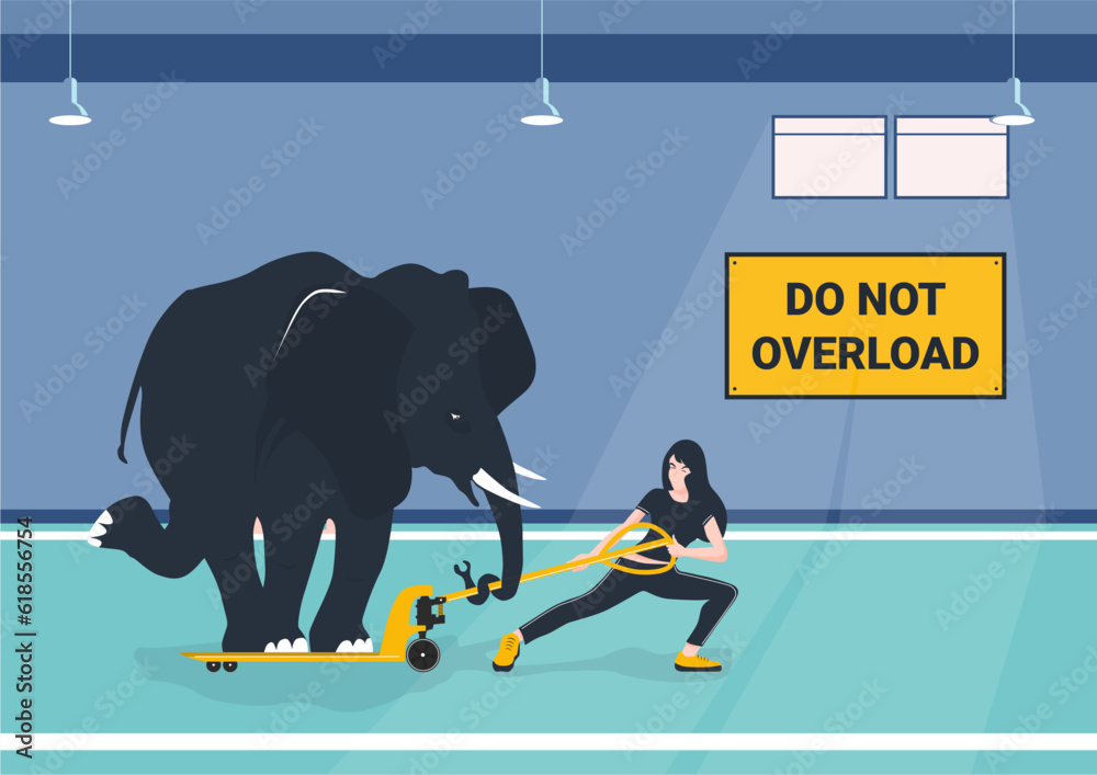 Overloading. Warehouse safety tip with a woman trying to pull a pallet ...